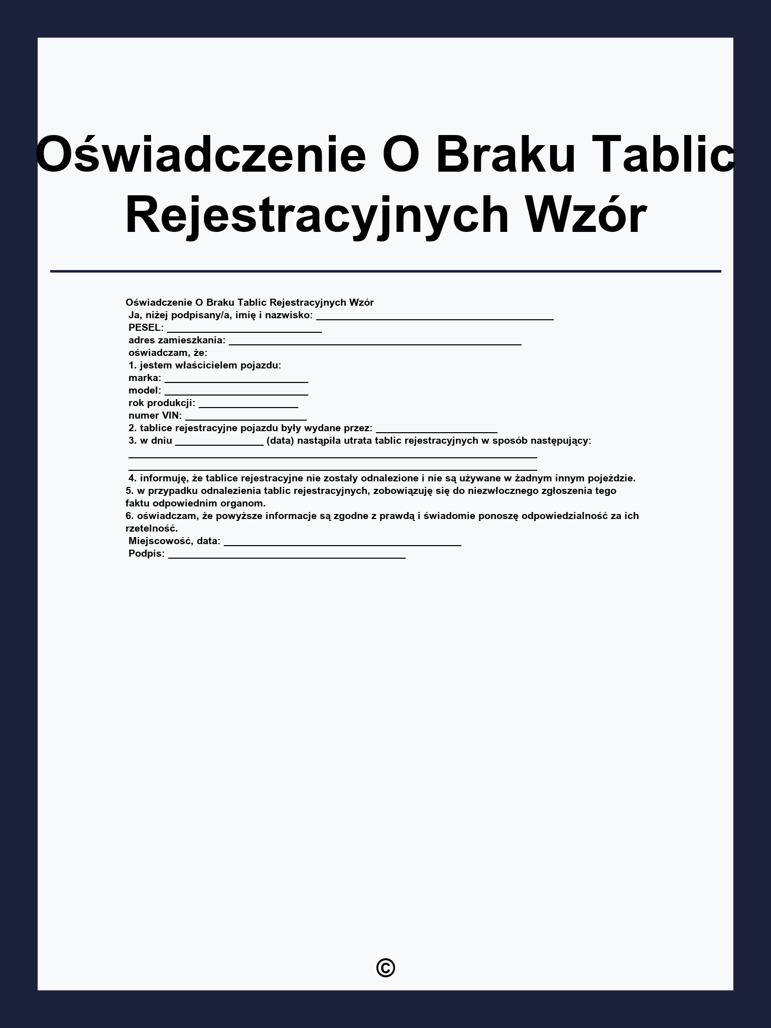 Oświadczenie O Braku Tablic Rejestracyjnych Wzór